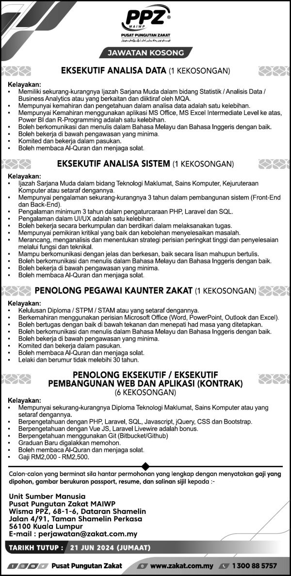 Iklan Kini Jawatan Kosong Pusat Pungutan Zakat PPZ (MAIWP) • Jawatan Kosong Terkini