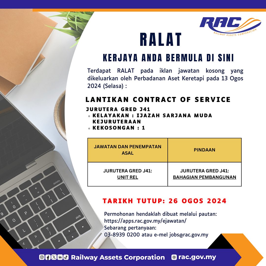 Iklan Terkini Jawatan Kosong Perbadanan Aset Keretapi (RAC) • Jawatan Kosong Terkini