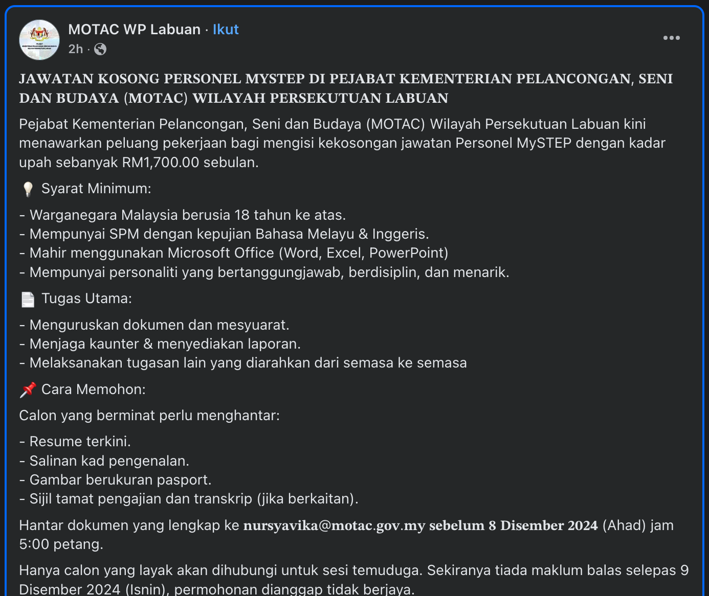 Kini Iklan Jawatan Kosong Kementerian Pelancongan, Seni Dan Budaya Malaysia MOTAC • Jawatan ...