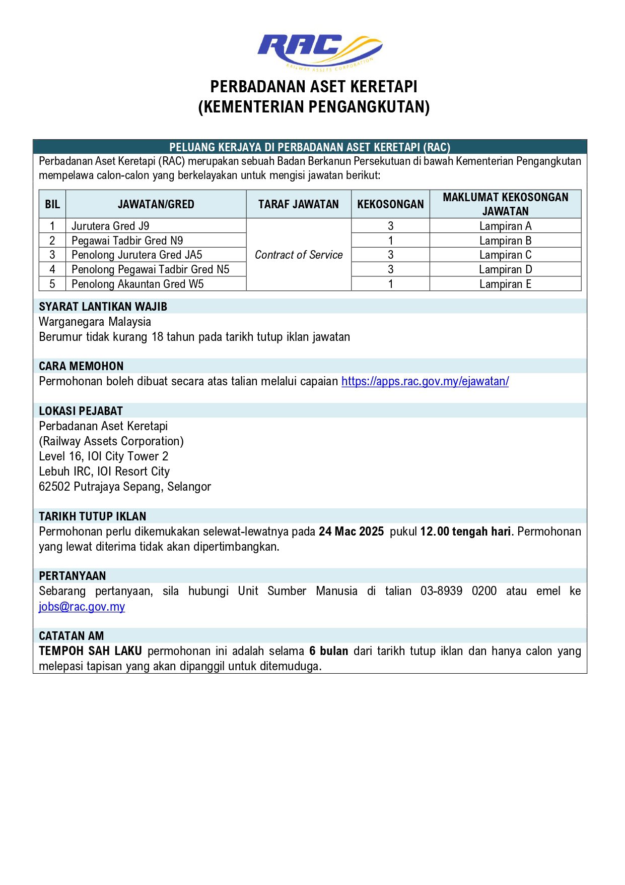 Iklan Kini Jawatan Kosong Perbadanan Aset Keretapi (RAC) • Jawatan Kosong Terkini