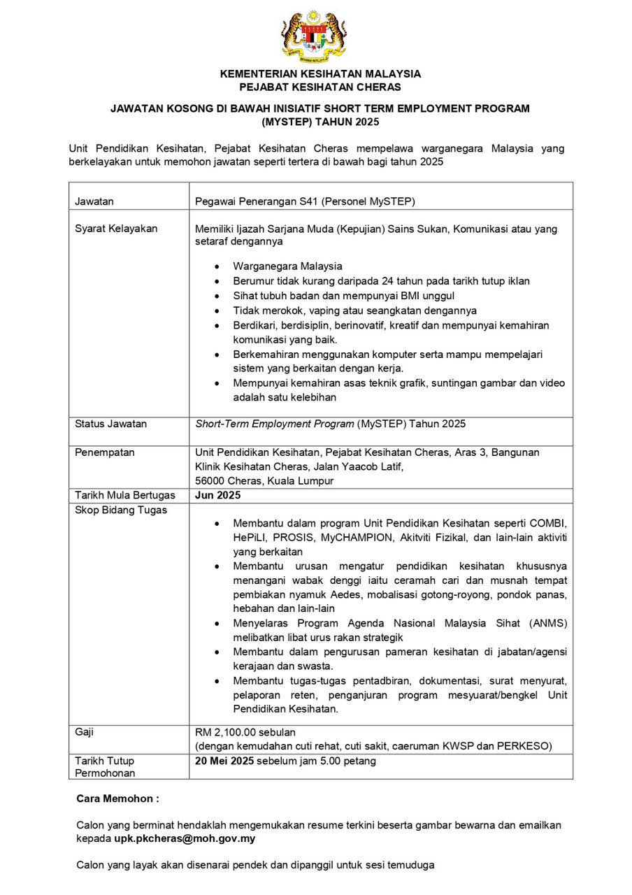 Iklan Kini Jawatan Kosong Jabatan Kesihatan WP Kuala Lumpur & Putrajaya ...